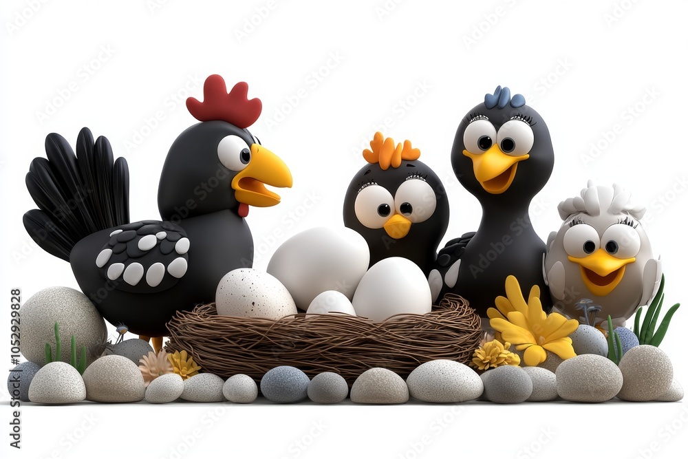 a 2D cartoon illustration of a hen laying eggs in a nest farmyard scene ...