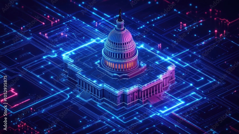 3D rendering of the US Capitol building surrounded by neon circuit ...