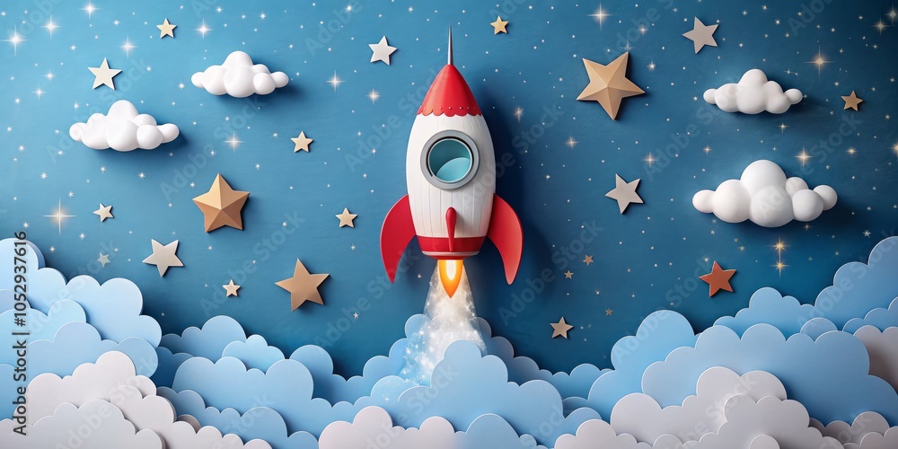 Paper Rocket Launch into Night Sky, papercraft, rocket, stars, clouds ...