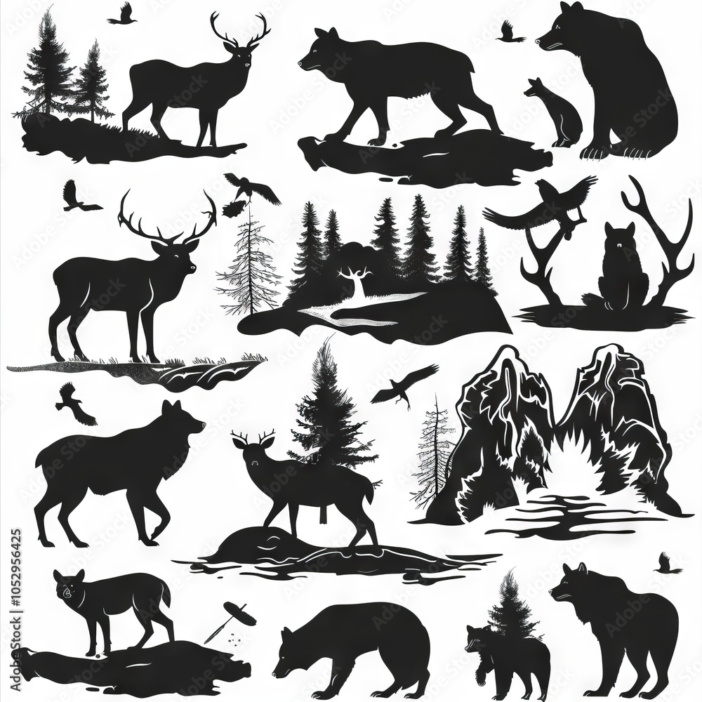 Forest Animals Silhouette Clipart - Black and White Vector Graphics ...