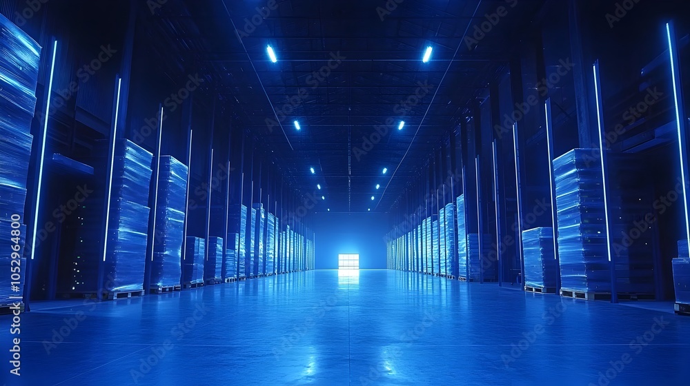 Futuristic digitalized warehouse environment with package sorting ...