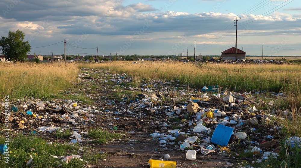 2410 17.A rural landscape marred by a dumping ground filled with heaps ...