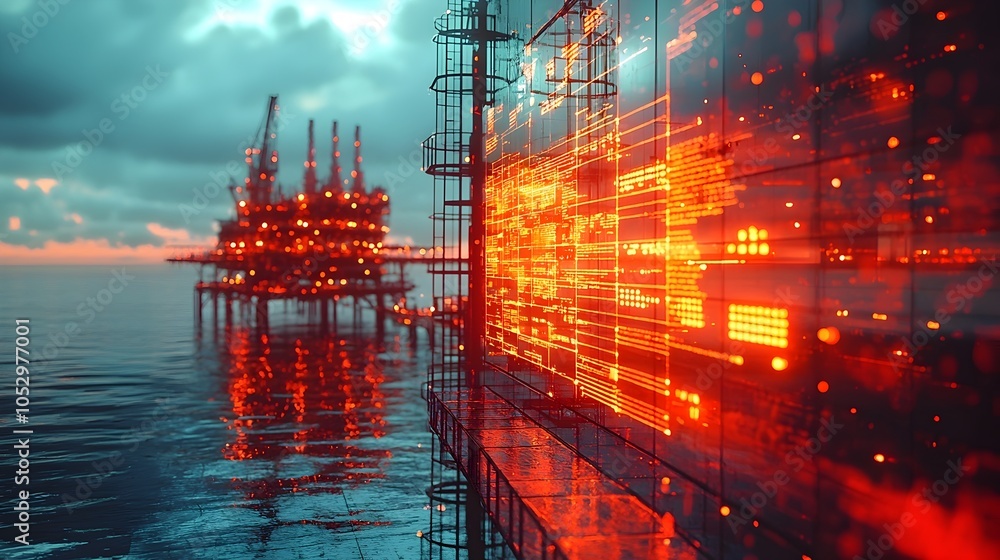 Futuristic offshore oil platform with holographic projections ...