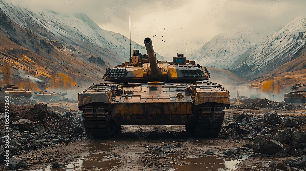 Cutting edge Military Battle Tank Navigating Rugged Terrain with Futuristic Holographic Displays ...
