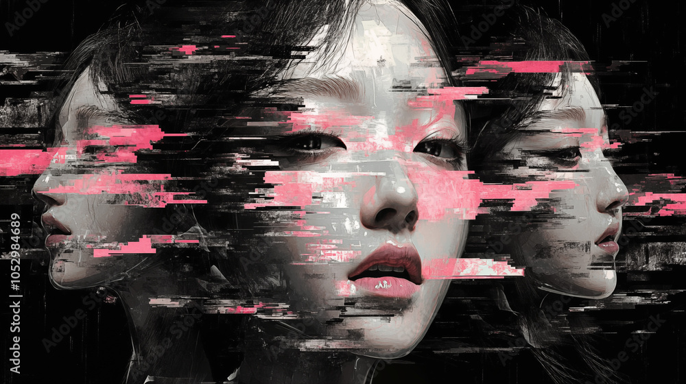 The face of an Asian woman with glitching effects that create static ...