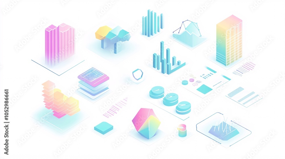 2410_022.3d statistical diagrams set, isometric perspective, pastel ...