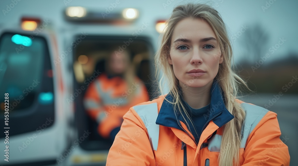 Female Paramedic in Front of Ambulance. Determined female paramedic ...