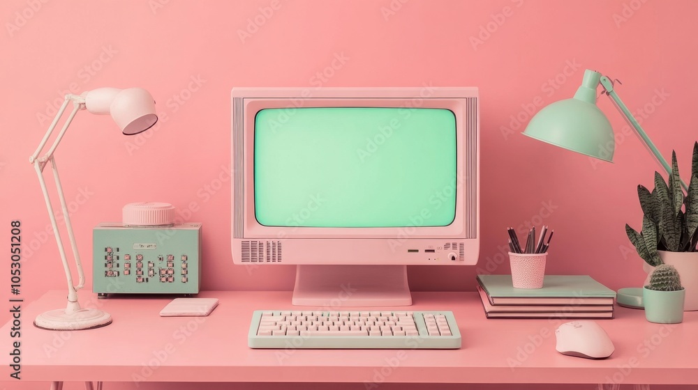 Retro computer with blinking green screen, pastel pink and mint desk ...