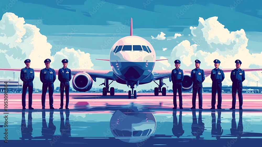 Flat illustration of pilots and crew in uniform, standing near an ...