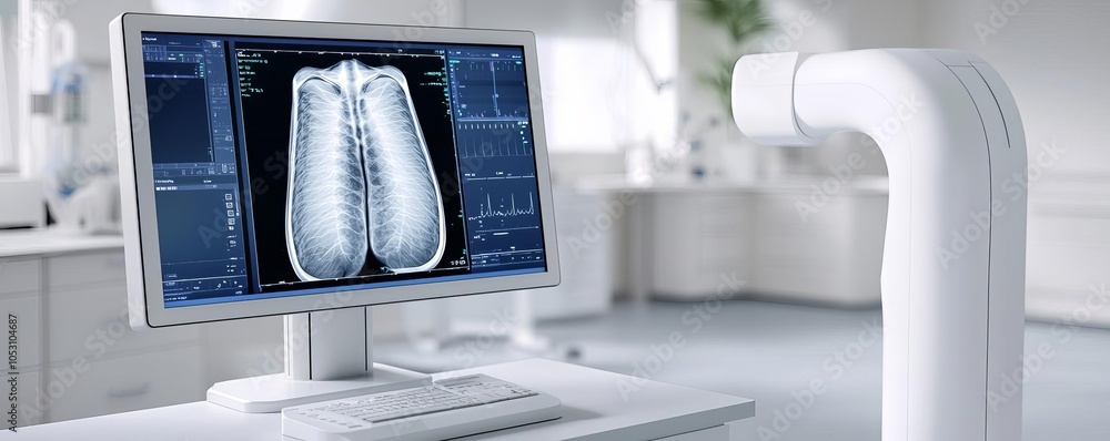 A modern medical imaging room showcasing a computer monitor displaying ...