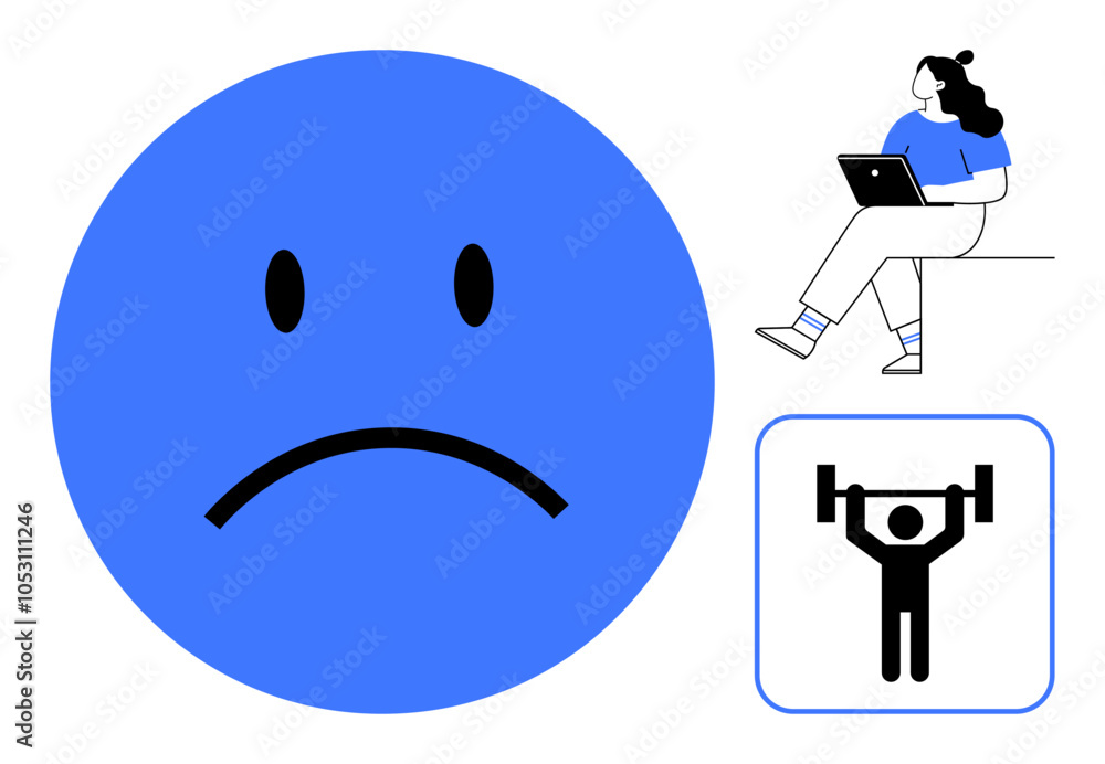 Large blue sad face emotion with two smaller illustrations woman ...