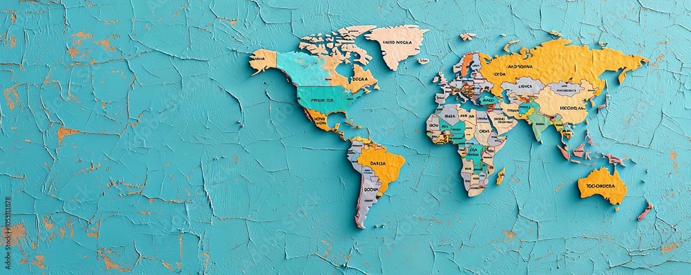 Ilustración de Stock World Map Close-Up on a textured classroom wall ...
