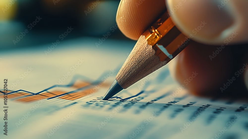 Detailed view of fingers gripping a pencil, drawing trend lines on a ...