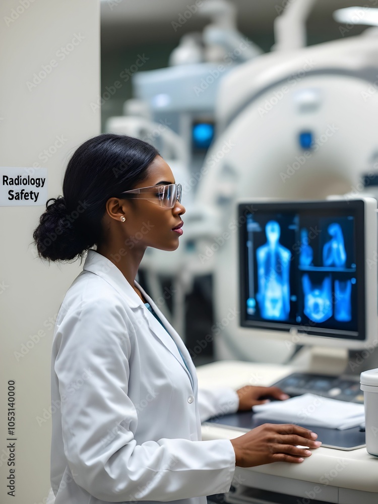 Female Radiology Technician Analyzing X-ray Scans. Desk top computer ...
