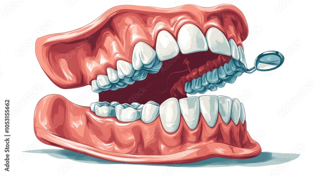 A cartoon illustration of a set of dentures with a small mirror being ...