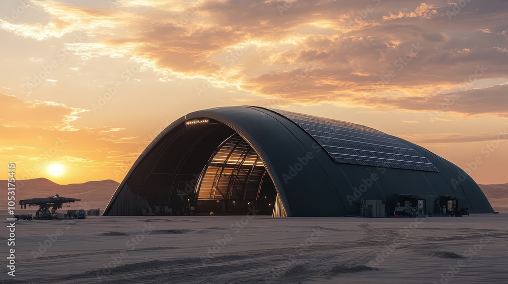Futuristic Desert Hangar at Sunset: A sleek, arched hangar stands ...