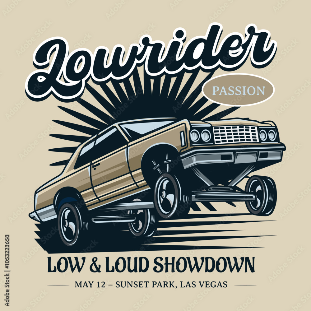 Vintage American Lowriders Car, Skull, Piston, Red Roses, and Race flag ...