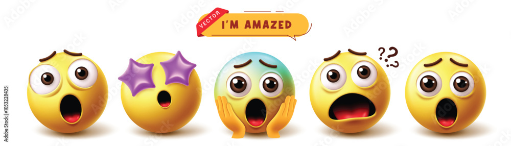 Emoji amazed emoticon character vector set. Emojis expressive facial expressions like surprise ...
