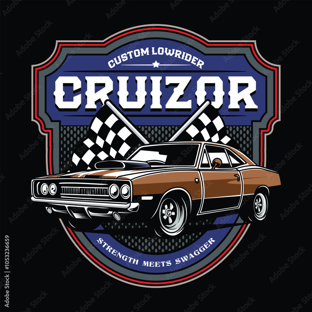 Vintage American Lowriders Car, Skull, Piston, Red Roses, and Race flag ...