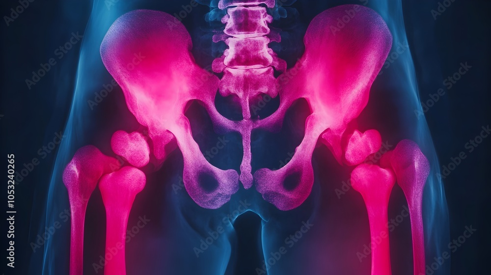 Detailed X ray Image of the Hip Joint with Red Highlights Indicating ...