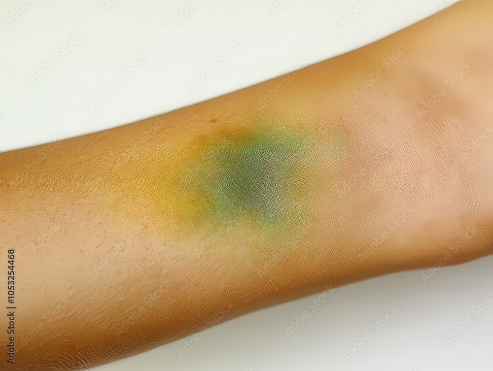 Faint bruise on upper arm, mostly green and yellow tones, showing it’s ...