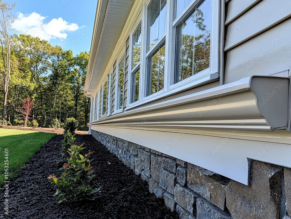Freshly installed white gutter with downspout directing water to ground ...