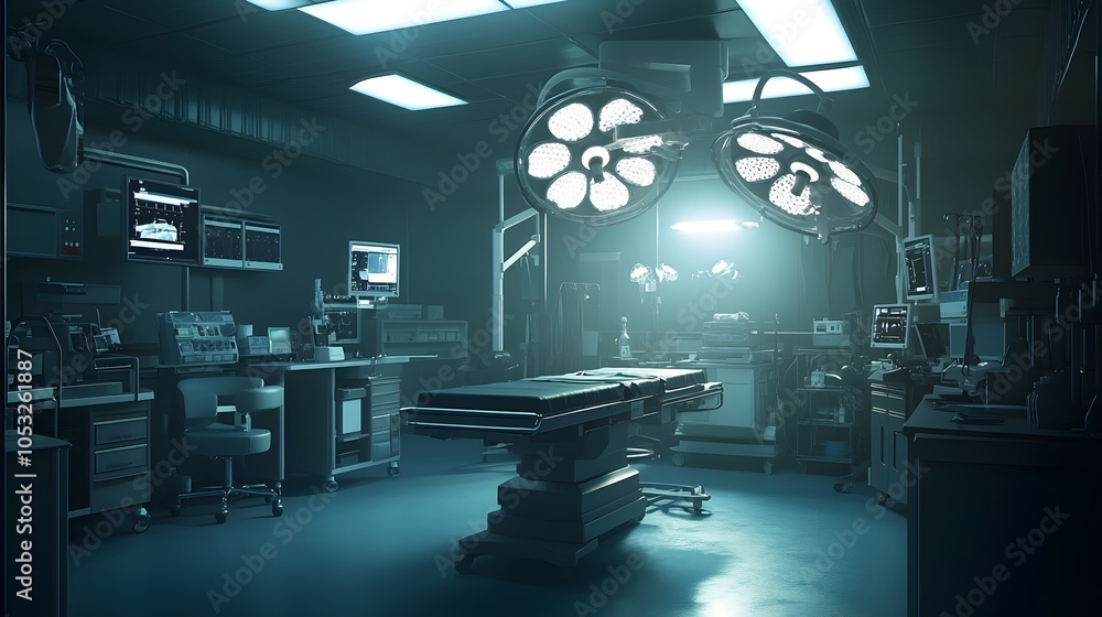 A highly advanced and modern 3D rendered hospital operating room ...