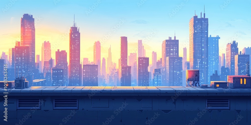 Urban Rooftop Adventure, vibrant 2D cityscape with flat skyscraper ...