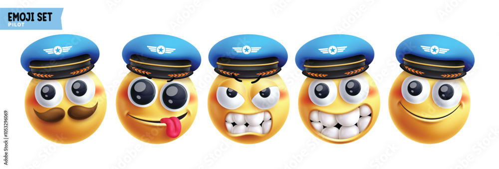 Emoji pilot emoticon characters vector set. Emojis 3d captain character ...