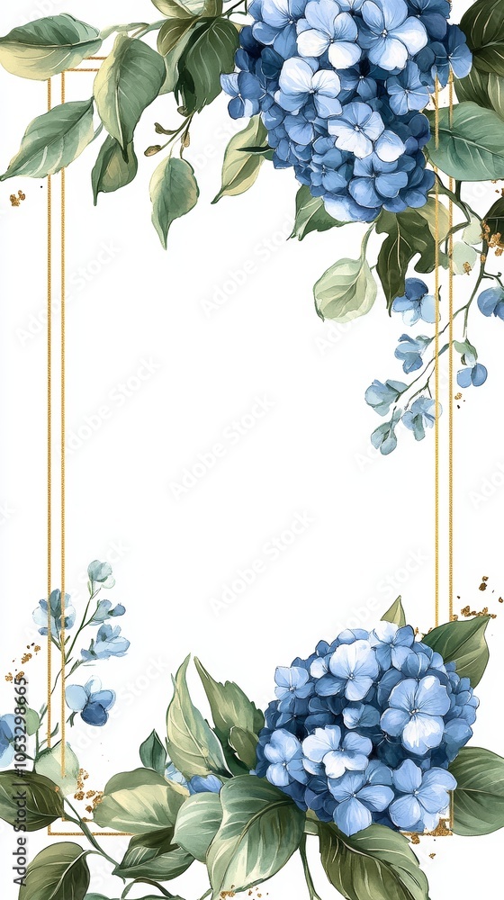 Blue Hydrangea Floral Frame Watercolor Illustration for Invitation Card ...