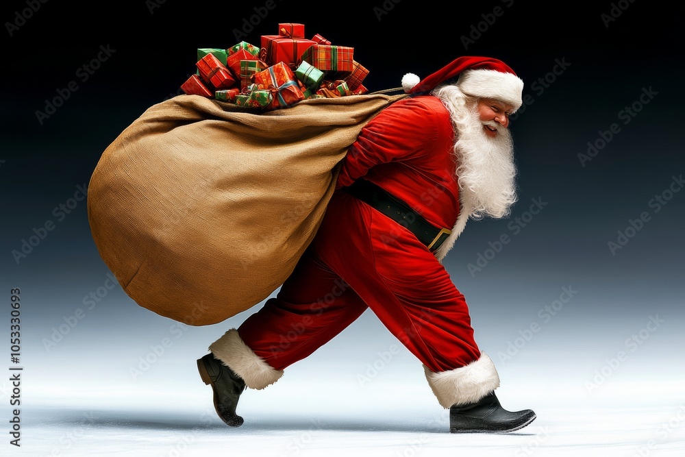 jolly Santa Claus is walking sideways, pulling a large sack overflowing ...