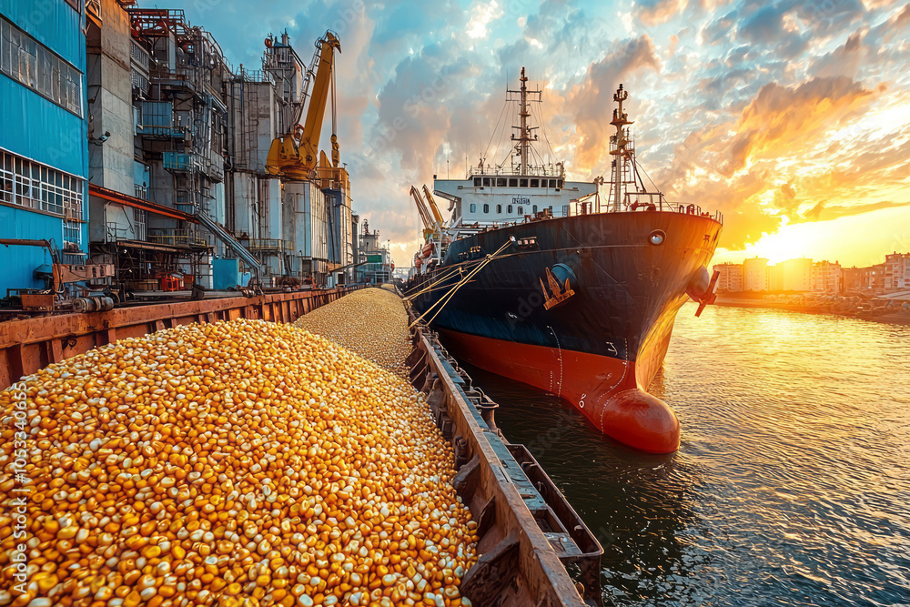 Global Grain Trade: Dry Cargo Ship Loading Corn at Harbor for Worldwide ...