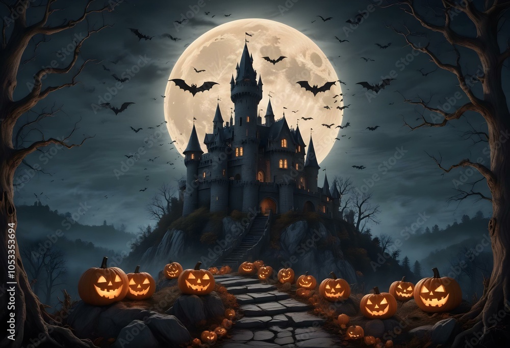 A haunted castle on a hill under a full moon, surrounded by a spooky ...