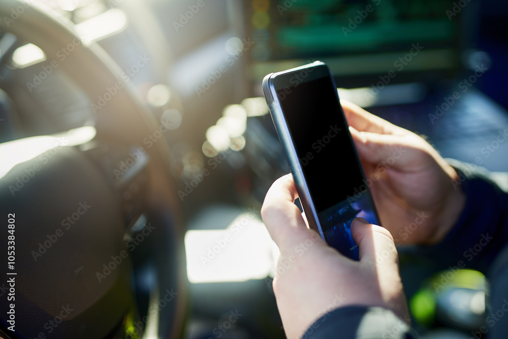 Car, hands and person with phone screen for message, online information ...