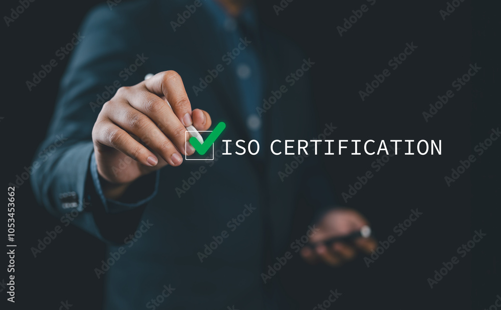 ISO certification approval concept. A person highlighting ISO ...