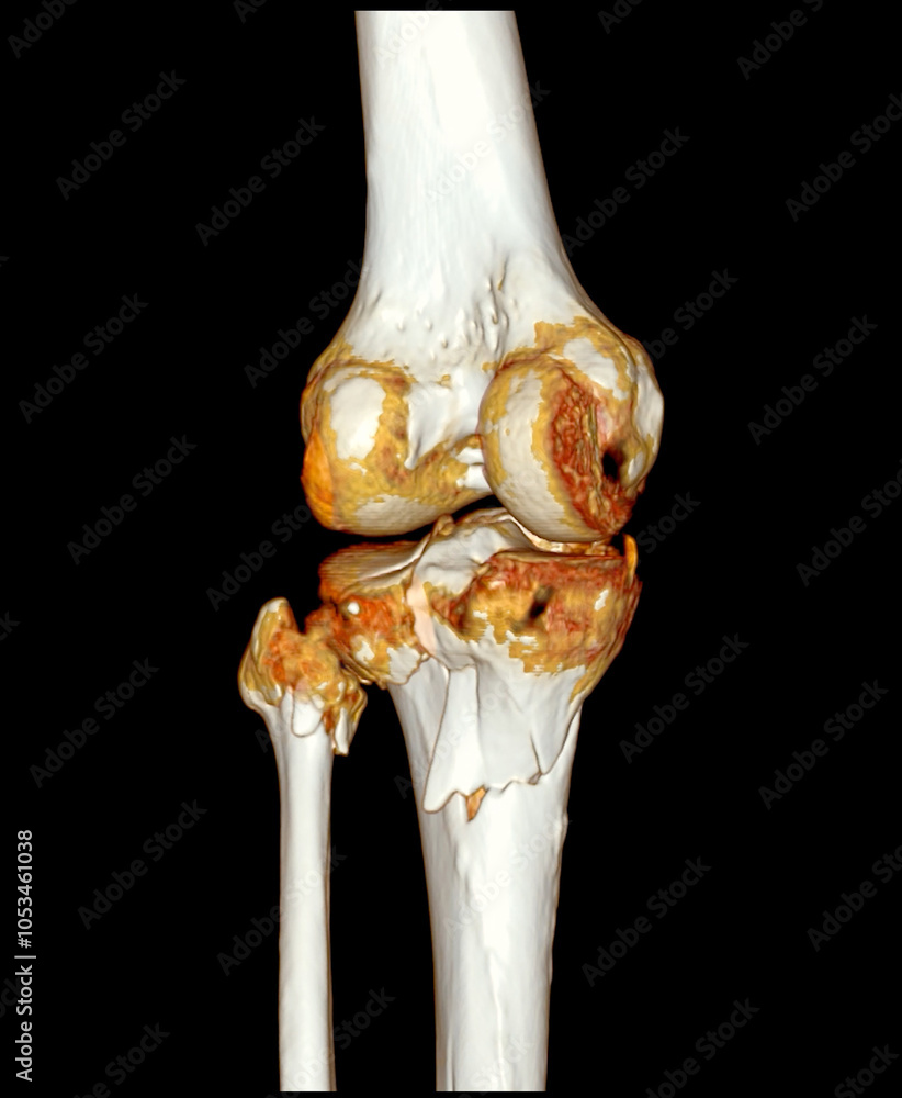 Trauma Case: Tibia and Fibula Fracture in 3D CT Scan.A detailed 3D medical scan showing ...
