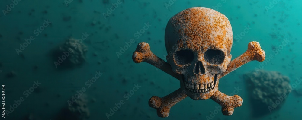 Skull and crossbones with a background of polluted oceans and dying ...