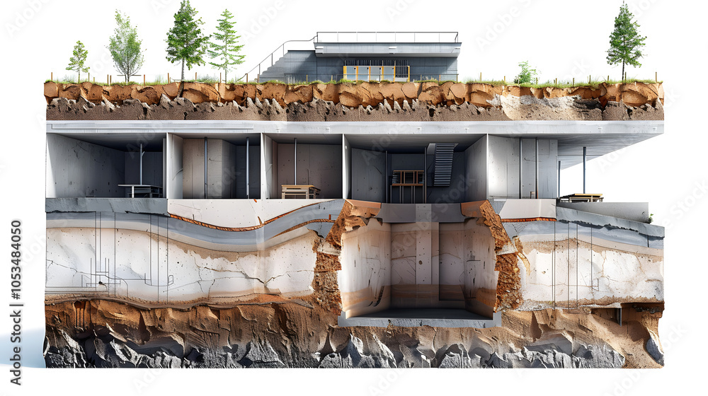 cross-section view of underground soil layers and concrete structure ...