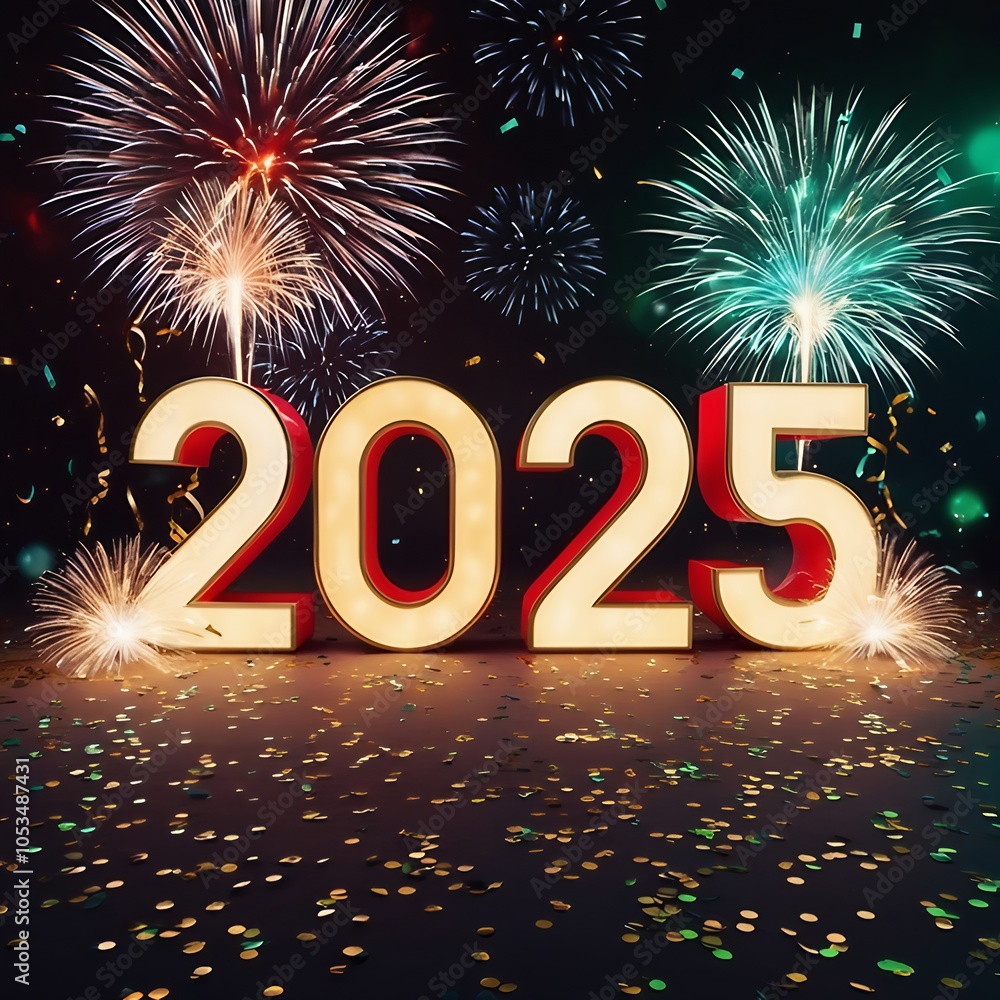 Welcome 2025 with Vibrant Fireworks and Golden New Year Wishes Stock ...