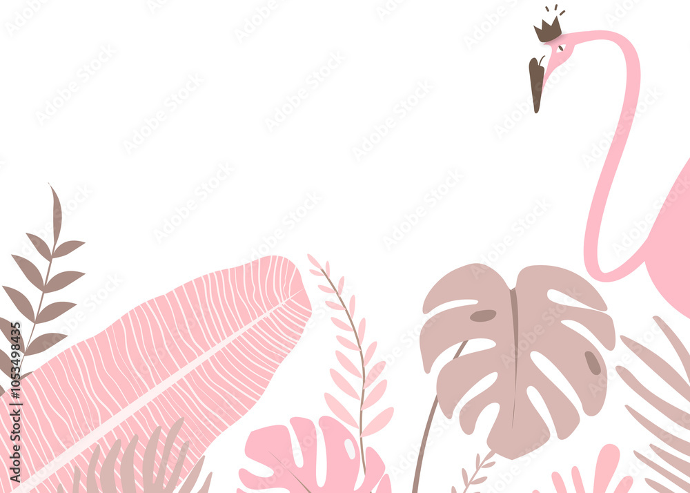 Flamingo botanical border png clip art, pink tropical leaves and bird ...