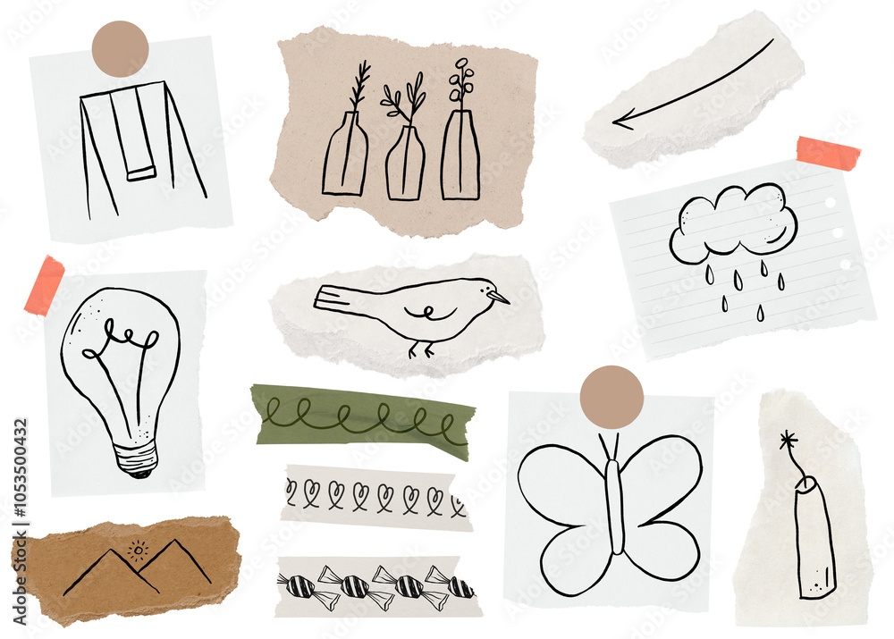 Cute png sticker doodle, torn paper, transparent background set Stock ...