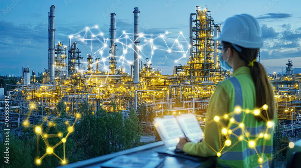 Engineer Analyzing Data at Dusk in a Modern Refinery With Illuminated ...