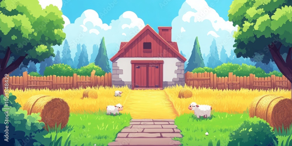 Barnyard Adventure, vibrant 2D platformer level featuring a flat ...