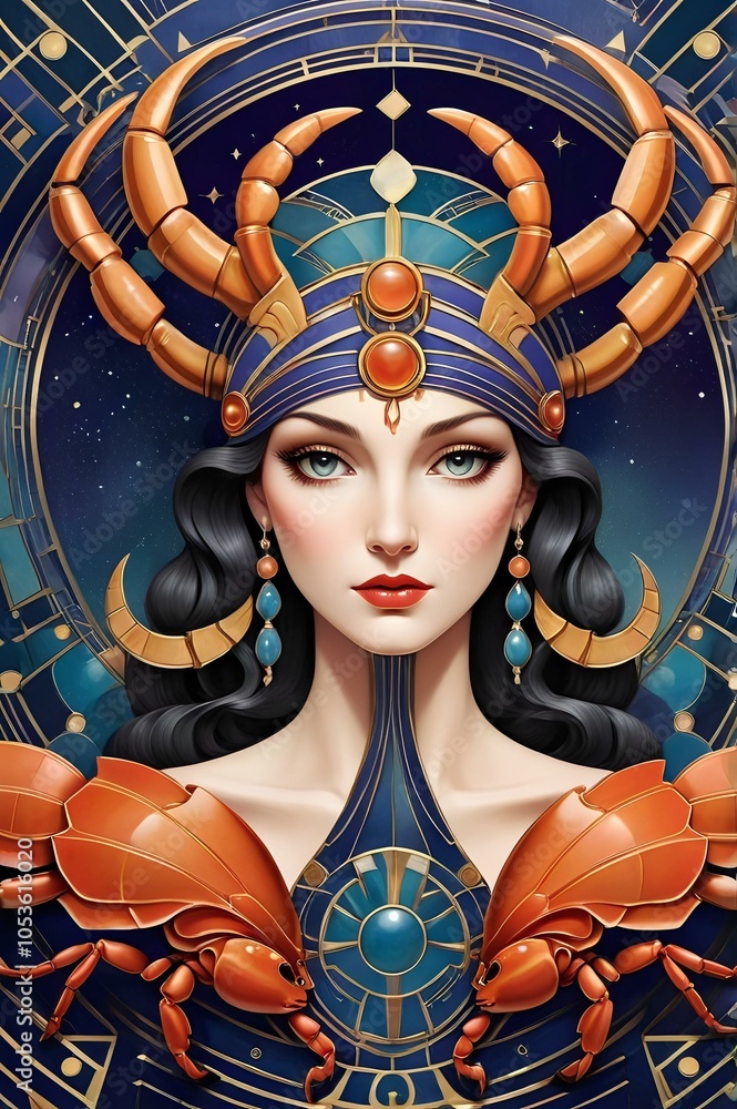 Cancer Zodiac Astrology Symbol - Art Deco Crab Illustration with Deep ...