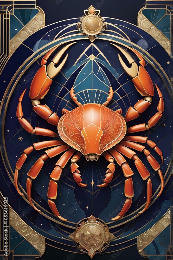 Cancer Zodiac Astrology Symbol - Art Deco Crab Illustration with Deep ...
