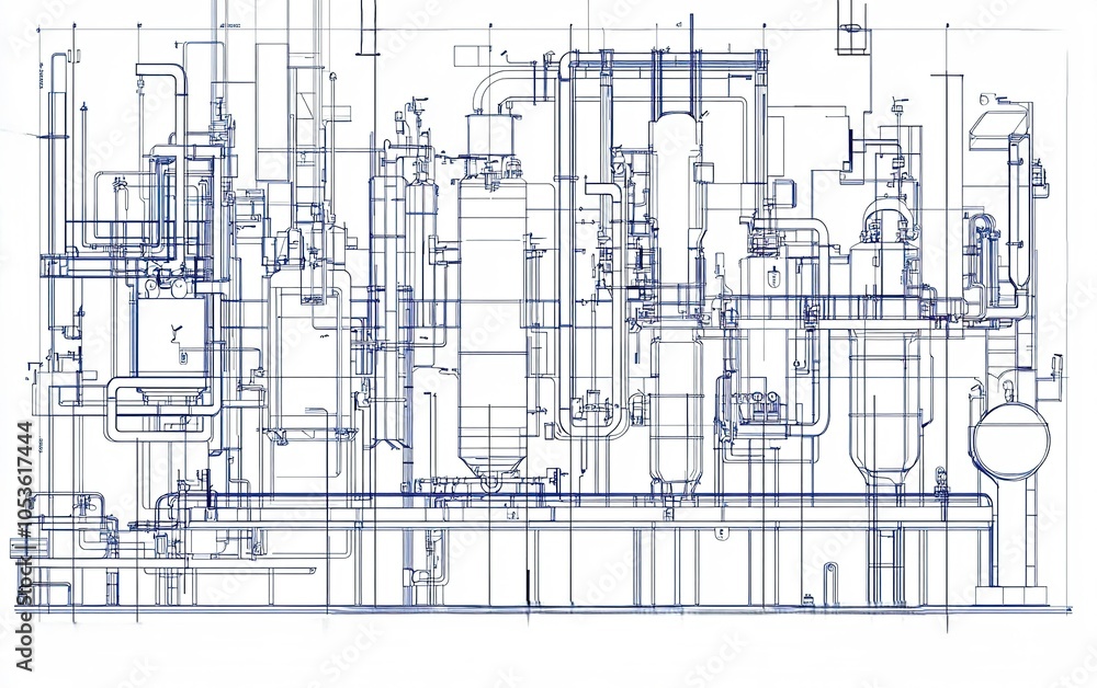 Detailed technical blueprint of a complex industrial piping system for ...