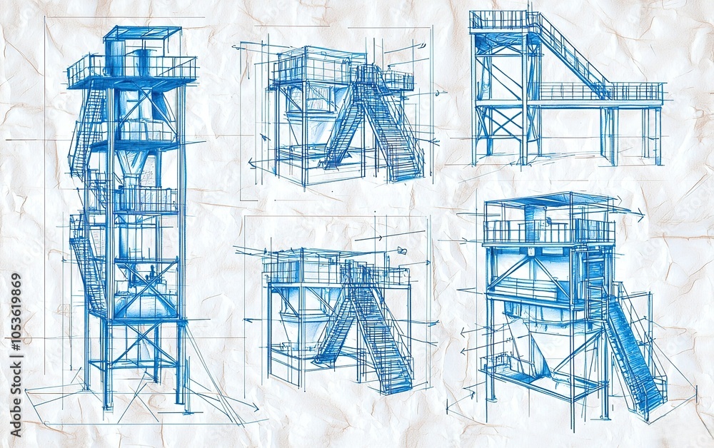 Architectural blueprint of a multi-level observation tower with stairs ...