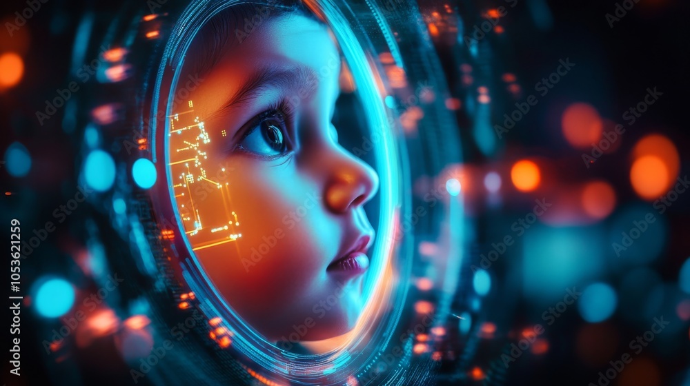 Stock-Illustration „A glowing face appears in a digital world ...
