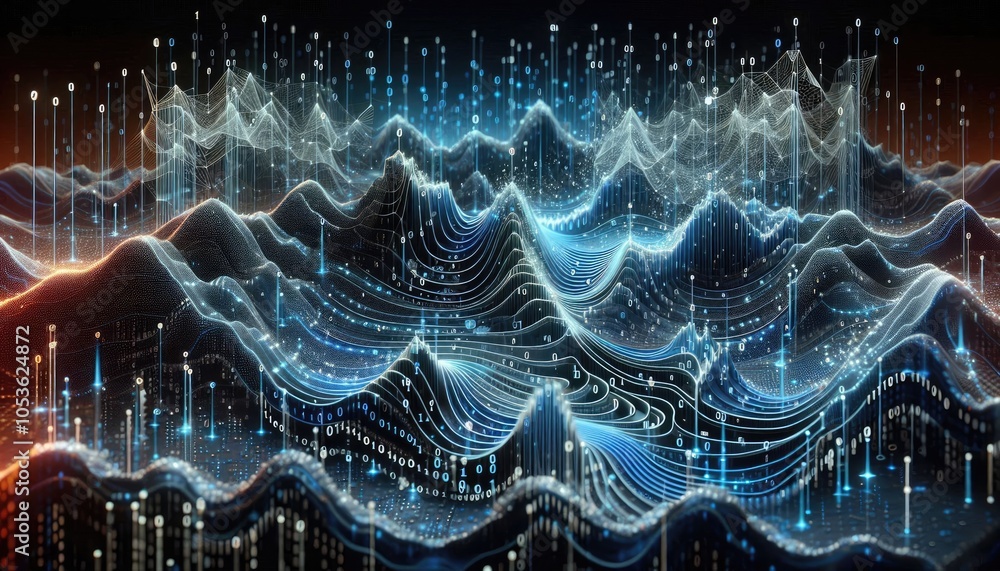Digital Landscape with Deep Learning Network - Binary Code Waves and Neural Nodes, Futuristic AI ...