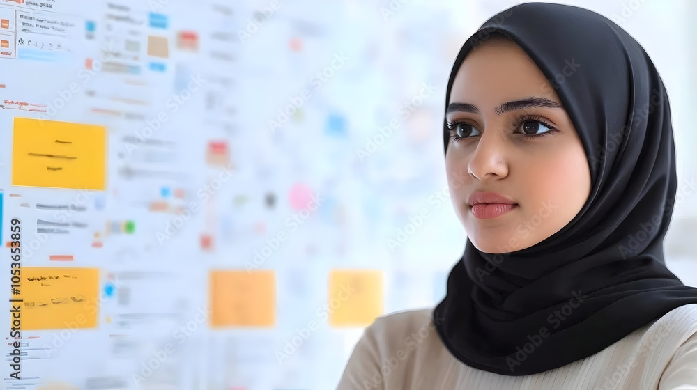 Portrait of a young Muslim woman wearing a hijab,focused on an ...
